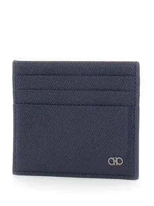 FERRAGAMO Blue Card Holder With Micro Gancini On The Front And Logo Lettering On The Back In Grained Leather For - Multicolor