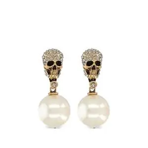 Alexander McQueen Crystal Skull Faux Pearl Drop Earrings - Gold