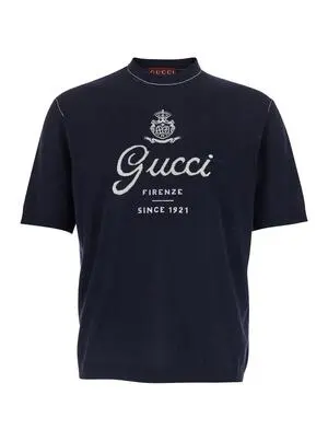 Gucci Blue Round Neck Sweater With Logo Lettering On The Front In Wool For - Multicolor