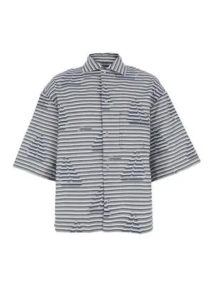 Jacquemus La Chemise Plage' Blue Bowling Shirt With Sailboat Stripe Motif In Cotton For - Multicolor