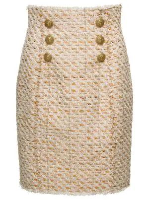 Balmain Beige Tweed Skirt With Front Golden Buttons In Cotton Blend - Multicolor