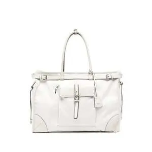 Prada Denim Tote Bag With Leather Trim - Cream