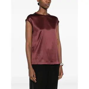 Brunello Cucinelli Satin Finish Round Neck Cap Sleeves Blouse - Red