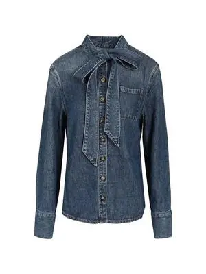 SELF-PORTRAIT Shirt With Bow - Blue
