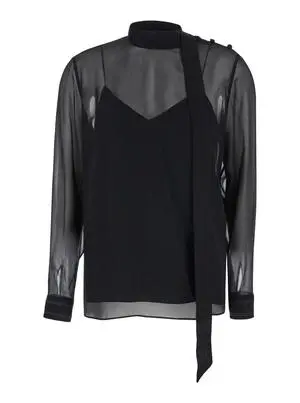 Gucci Black Blouse With High Pussy Bow Neck In Silk Georgette - Multicolor