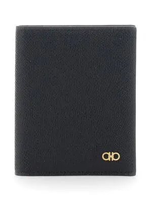 FERRAGAMO Micro Gancini' Black Card Holder Bi-fold With Logo In Grained Leather - Multicolor