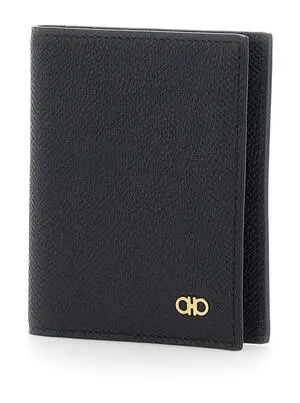 FERRAGAMO Micro Gancini' Black Card Holder Bi-fold With Logo In Grained Leather - Multicolor