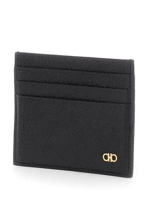 FERRAGAMO Card Holder With Micro Gancini On The Front And Logo Lettering On The Rear In Grained Leather - Black