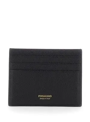 FERRAGAMO Card Holder With Micro Gancini On The Front And Logo Lettering On The Rear In Grained Leather - Black