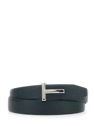 TOM FORD Reversible Belt With T Buckle And Crocodile-embossed Leather Effect In Blue Leather For - Multicolor