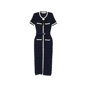 SELF-PORTRAIT Pointelle Knit Bow Detail Day Dress - Blue