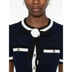 SELF-PORTRAIT Pointelle Knit Bow Detail Day Dress - Blue