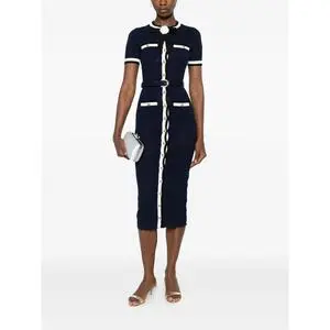 SELF-PORTRAIT Pointelle Knit Bow Detail Day Dress - Blue