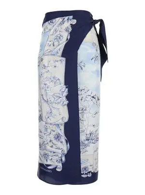FERRAGAMO Blue Wraparound Skirt With Drawstring Waist Closure And All-over Print In Silk For - Multicolor