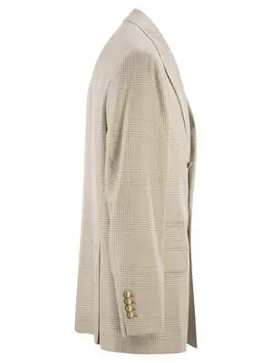 Brunello Cucinelli Deconstructed One-and-a-half-breasted Jacket In Virgin Wool, Silk And Linen Prince Of Wales Check With Metal Buttons - Multicolor
