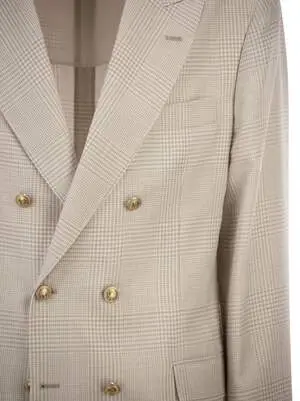 Brunello Cucinelli Deconstructed One-and-a-half-breasted Jacket In Virgin Wool, Silk And Linen Prince Of Wales Check With Metal Buttons - Multicolor