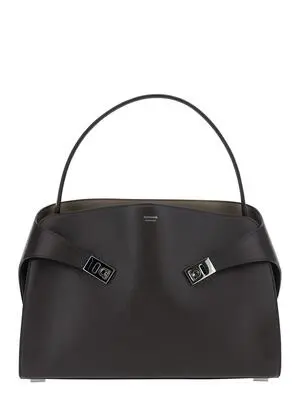 FERRAGAMO Hug Media' Black Handbag With Logo And Gancini Buckles In Leather For - Multicolor