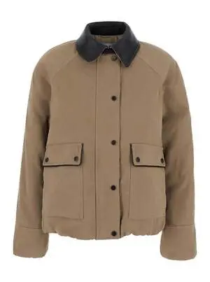 Brunello Cucinelli Beige Jacket With Leather Collar And Two Patch Pockets On The Front In Cotton Blend For - Multicolor