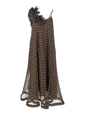 P.a.r.o.s.h Brown Long Dress With Thin Straps And All Over Polka Dot Motif In Fabric - Multicolor