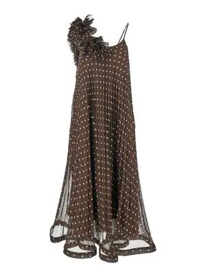 P.a.r.o.s.h Brown Long Dress With Thin Straps And All Over Polka Dot Motif In Fabric - Multicolor