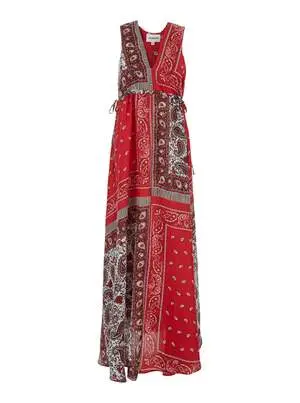 P.a.r.o.s.h Shiele' Red Long Dress With V-neck And All-over Bandana Motif In Silk For - Multicolor
