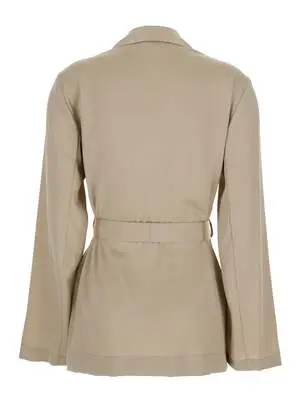 P.a.r.o.s.h Double-breasted Jacket With Notched Revers And Front Belt In Beige Tech Fabric For - Cream