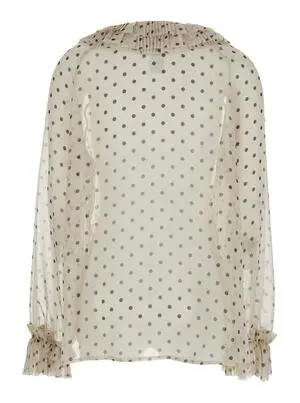 P.a.r.o.s.h Blouse With Ruffles On The Front And All-over Polka Dot Print In Tech Fabric Beige - Multicolor