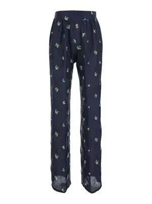 FORTE_FORTE Blue Pants With All-over Floral Embroidery In Silk - Multicolor