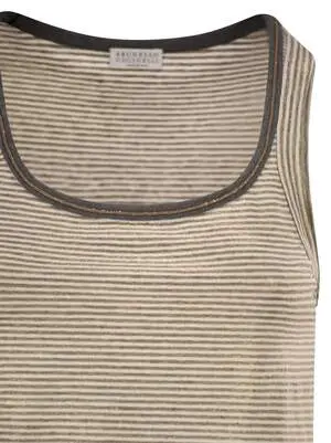 Brunello Cucinelli Striped Stretch Linen Crewneck Tank Top - Cream