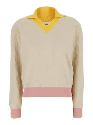 Fendi Beige Long-sleeved Sweater With V-neck And All-over Ff Motif In Cotton - Multicolor