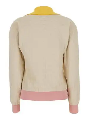 Fendi Beige Long-sleeved Sweater With V-neck And All-over Ff Motif In Cotton - Multicolor