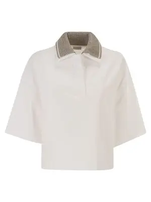 Brunello Cucinelli Interlock Couture Polo Shirt With Sparkling Knitted Collar - White