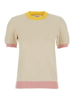 Fendi White T-shirt 'color Block Ff Short Sleeves Tee' With Logo In Cotton - Cream