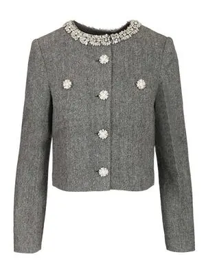 SELF-PORTRAIT Herringbone Crystal-trimmed Cropped Jacket - Gray
