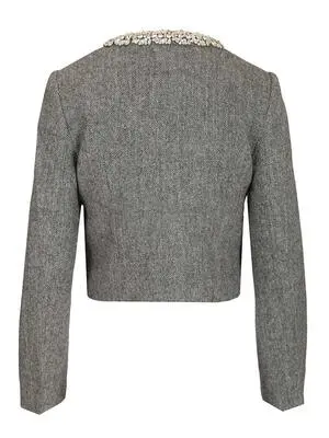 SELF-PORTRAIT Herringbone Crystal-trimmed Cropped Jacket - Gray