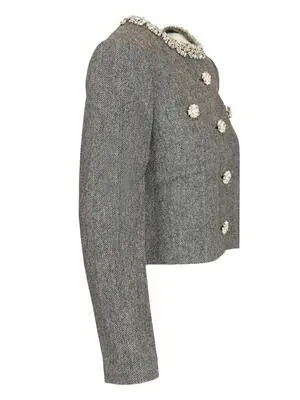 SELF-PORTRAIT Herringbone Crystal-trimmed Cropped Jacket - Gray