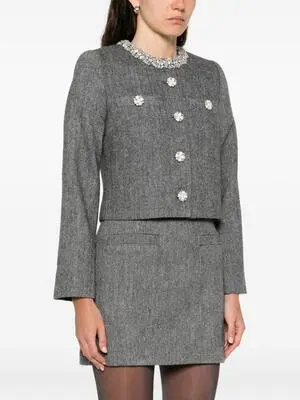 SELF-PORTRAIT Herringbone Crystal-trimmed Cropped Jacket - Gray