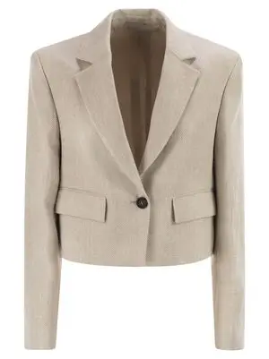 Brunello Cucinelli Chevron Linen And Cotton Crop Jacket With Necklace - Cream