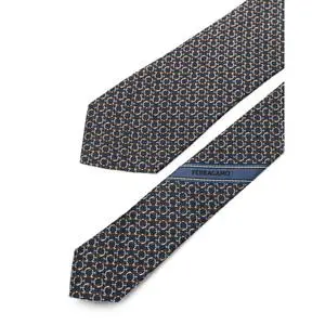 FERRAGAMO Silk Gancini Pattern Neck Ties - Blue
