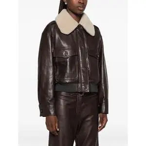 Brunello Cucinelli Shearling Collar Leather Bomber Jacket - Brown