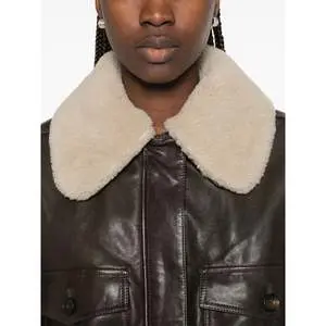 Brunello Cucinelli Shearling Collar Leather Bomber Jacket - Brown