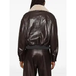 Brunello Cucinelli Shearling Collar Leather Bomber Jacket - Brown