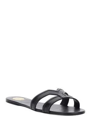 Saint Laurent Mabrouka' Sandals With Rounded Toe And Thick Double Strap In Leather For - Black