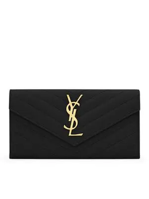 Saint Laurent Large Cassandre Matelassé Flap Wallet In Grain De Poudre Embossed Leather - Black