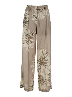 Brunello Cucinelli Beige Pants With Elastic Waistband And All-over Floral Print In Silk - Multicolor