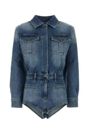 SELF-PORTRAIT Embellished Denim Jumpsuit - Blue