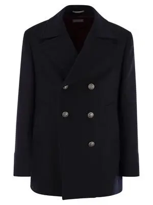 Brunello Cucinelli Double Wool Flannel Pea Coat With Metal Buttons