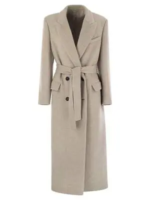 Brunello Cucinelli Double-breasted Coat In Virgin Wool And Cashmere Cloth With Jewellery - Cream