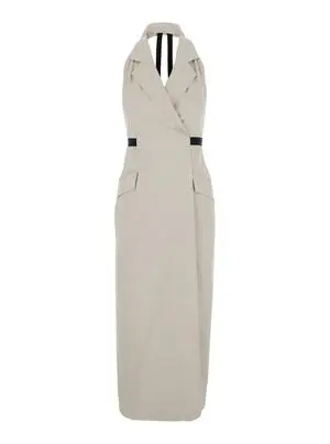 Max Mara Beige Dress With Notched Revers And Open Back In Blend Cotton And Virgin Wool - Multicolor