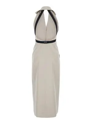Max Mara Beige Dress With Notched Revers And Open Back In Blend Cotton And Virgin Wool - Multicolor